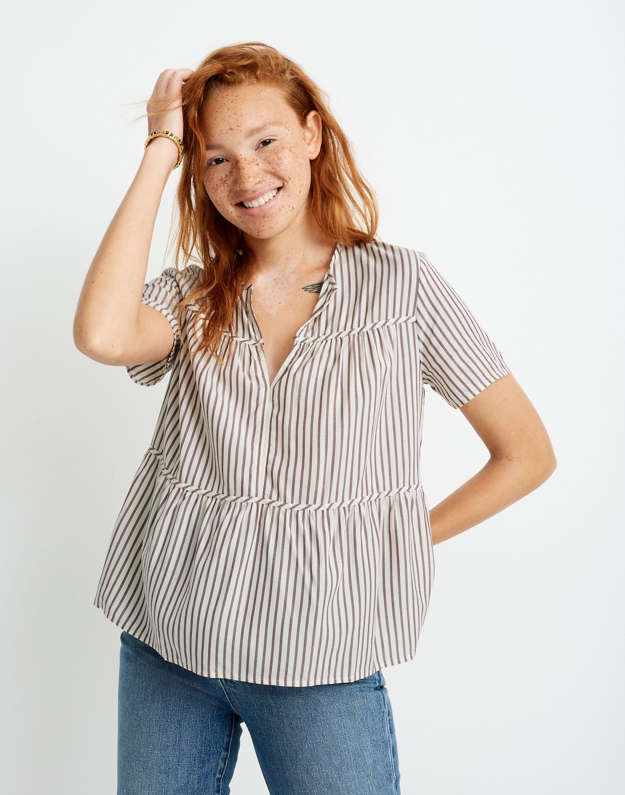 Seamed Popover Top in Dunfield Stripe