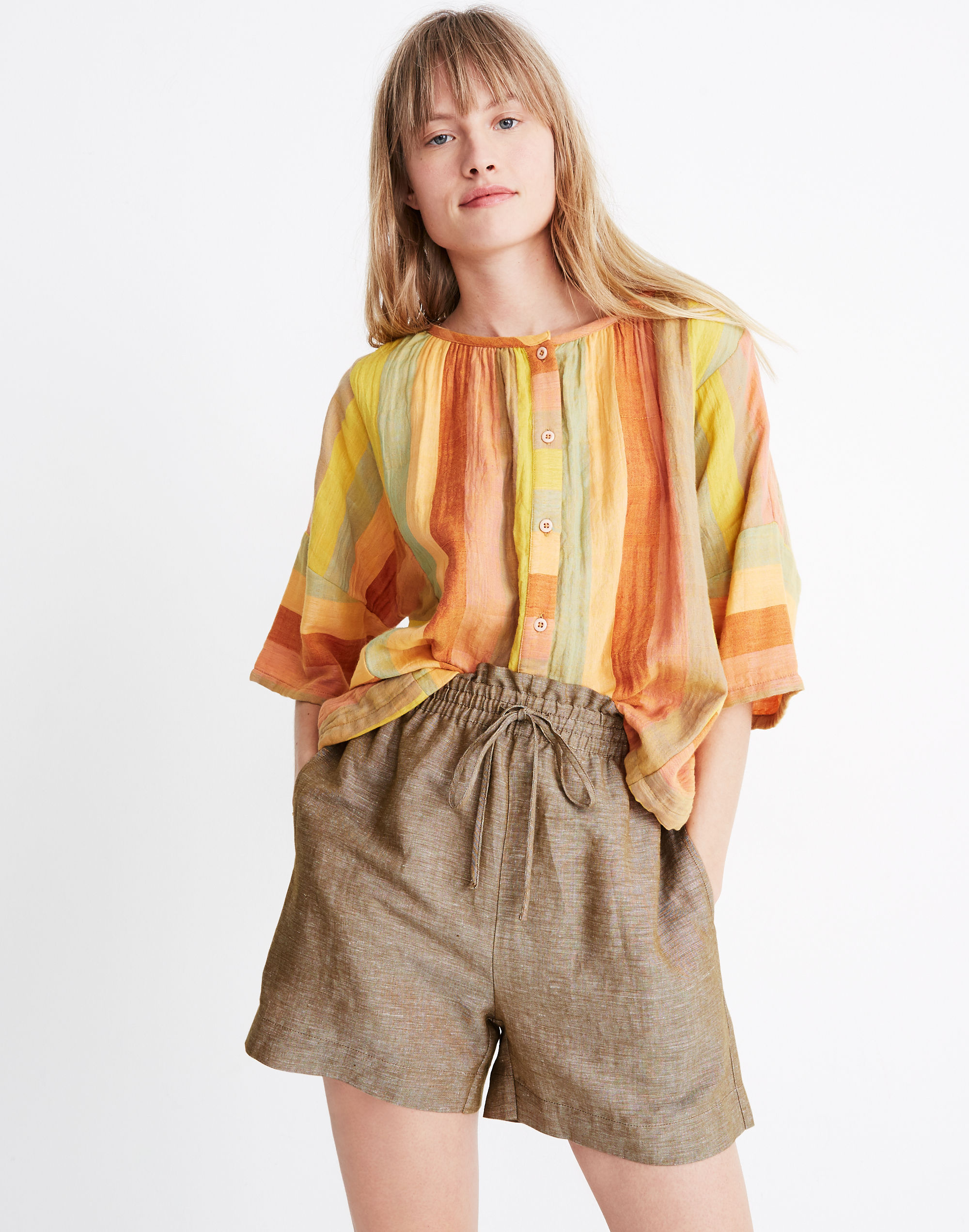 Linen-Cotton Drawstring Pull-On Shorts