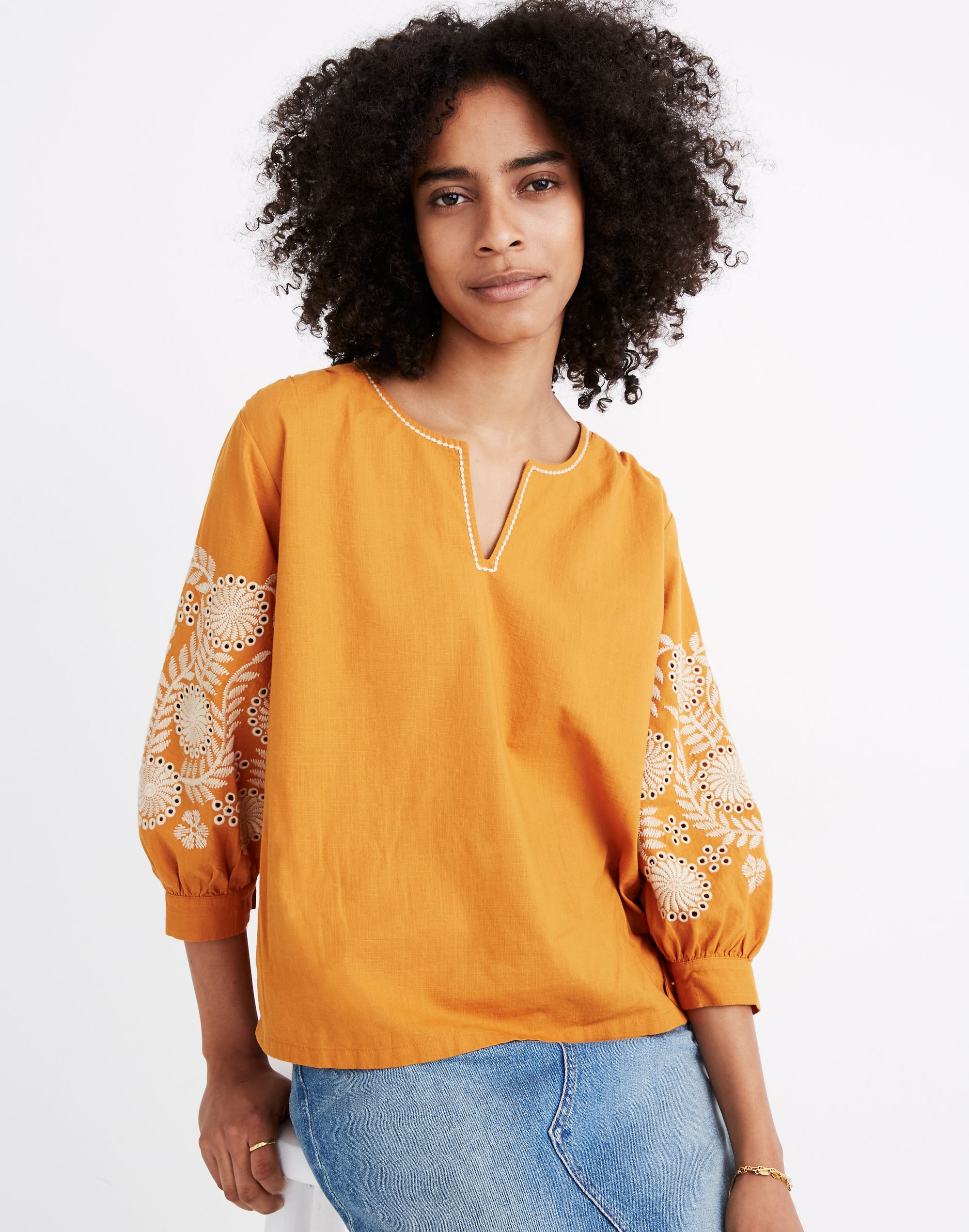 Embroidered-Sleeve Popover Top
