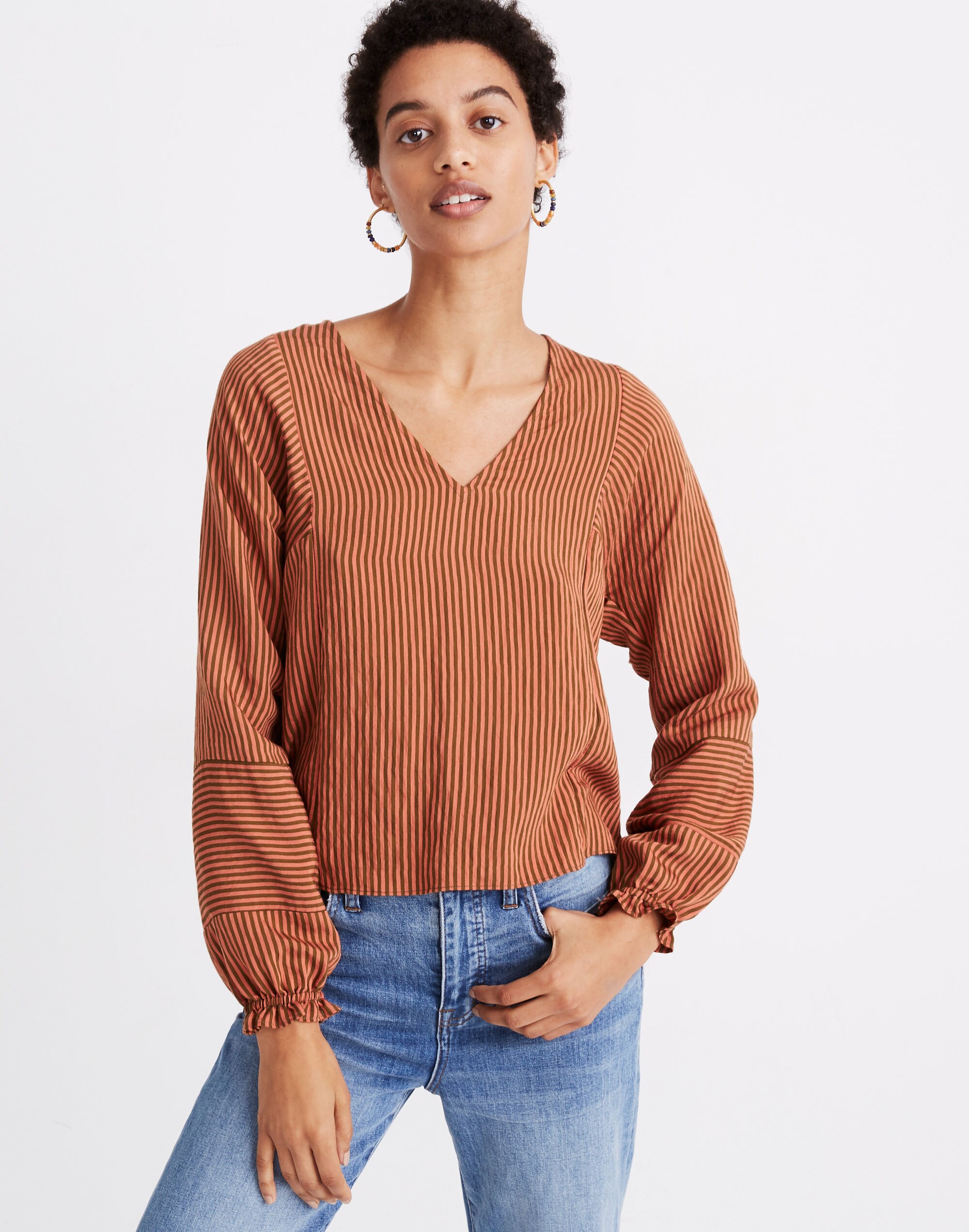 V-Neck Ruffle-Cuff Top in Stripe-Play