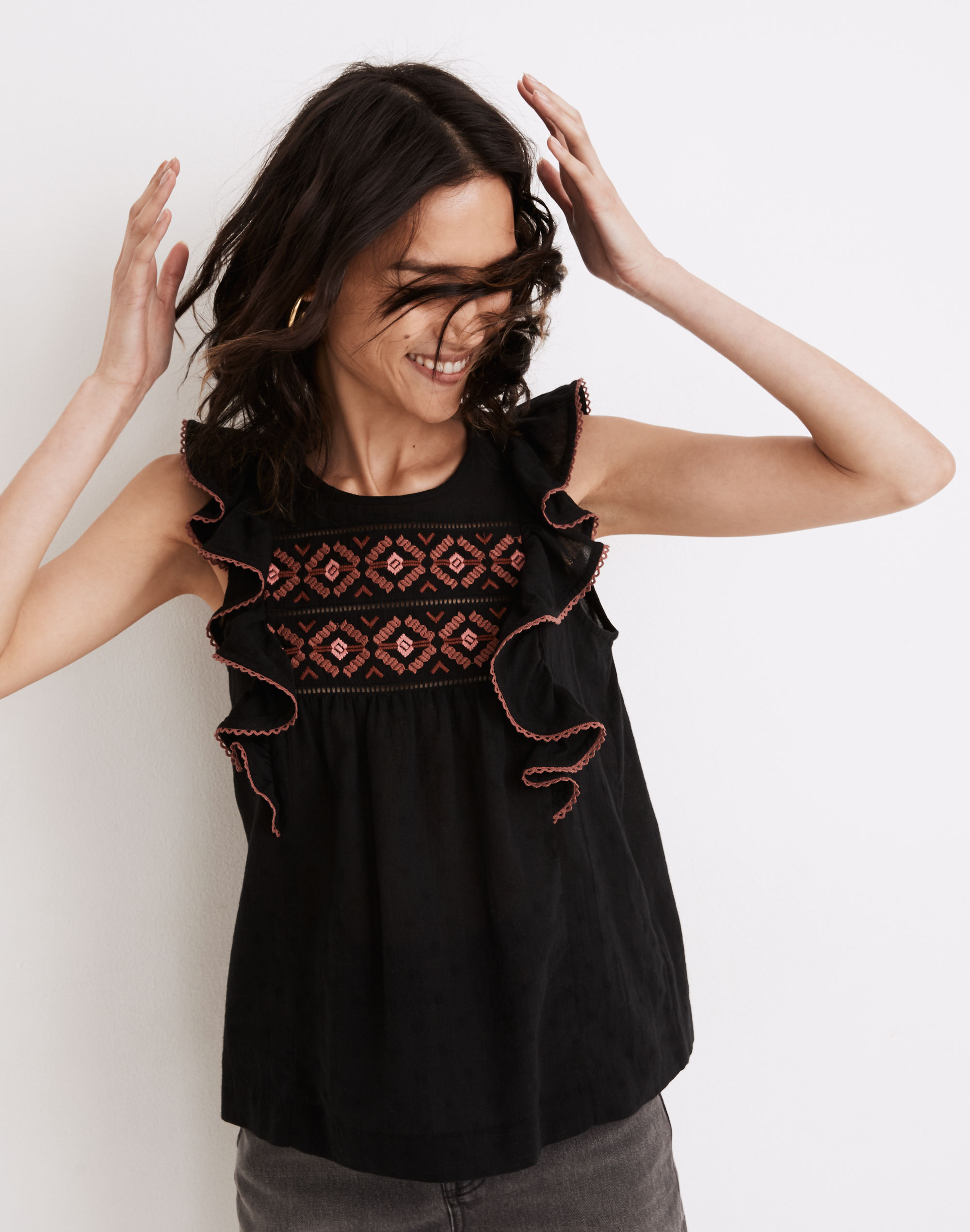 Embroidered Ruffle-Shoulder Tank Top | Madewell
