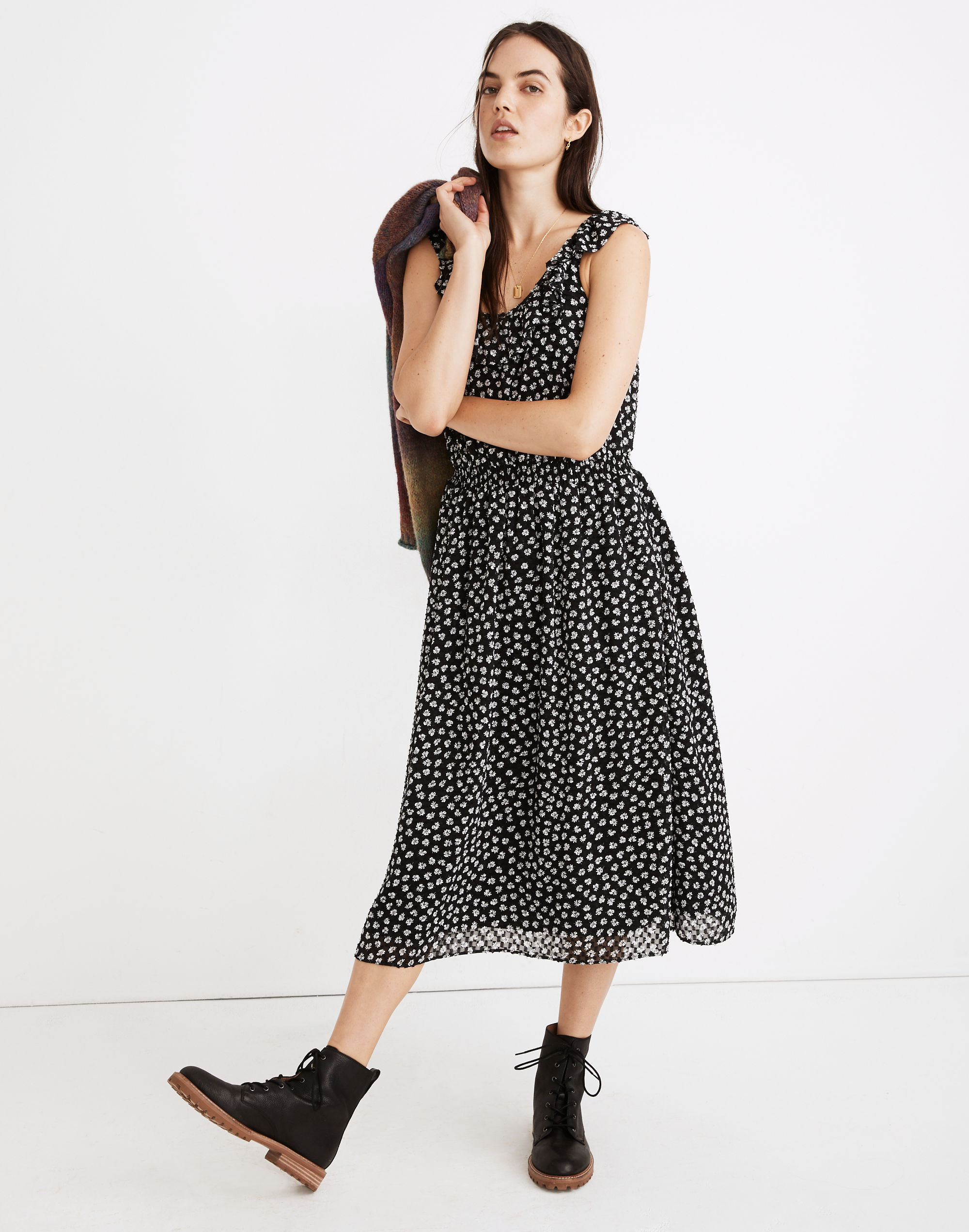 Ruffle-Neck Smocked Dress in Woodcut Flowers