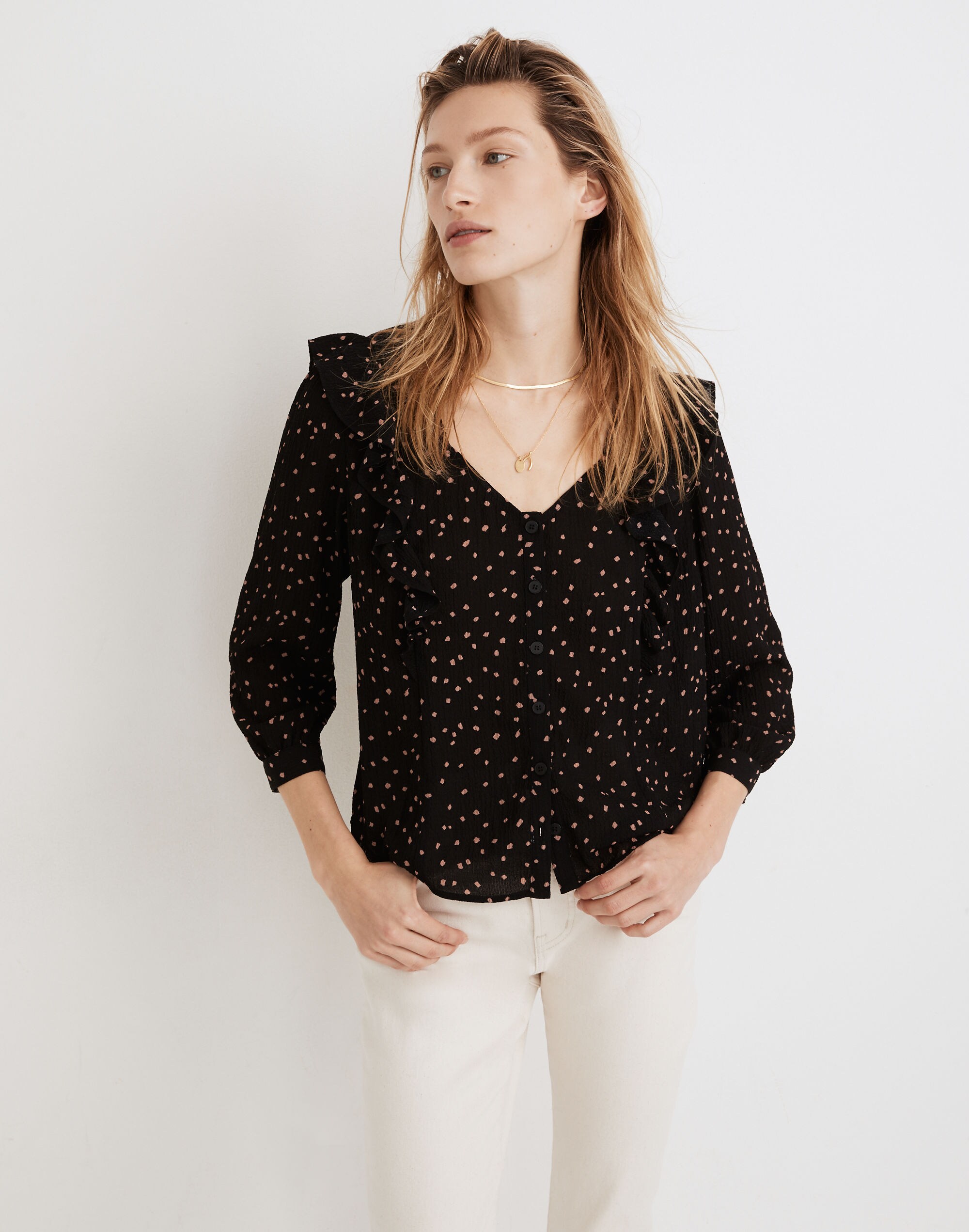 Ruffled Button-Front Top in Confetti Toss