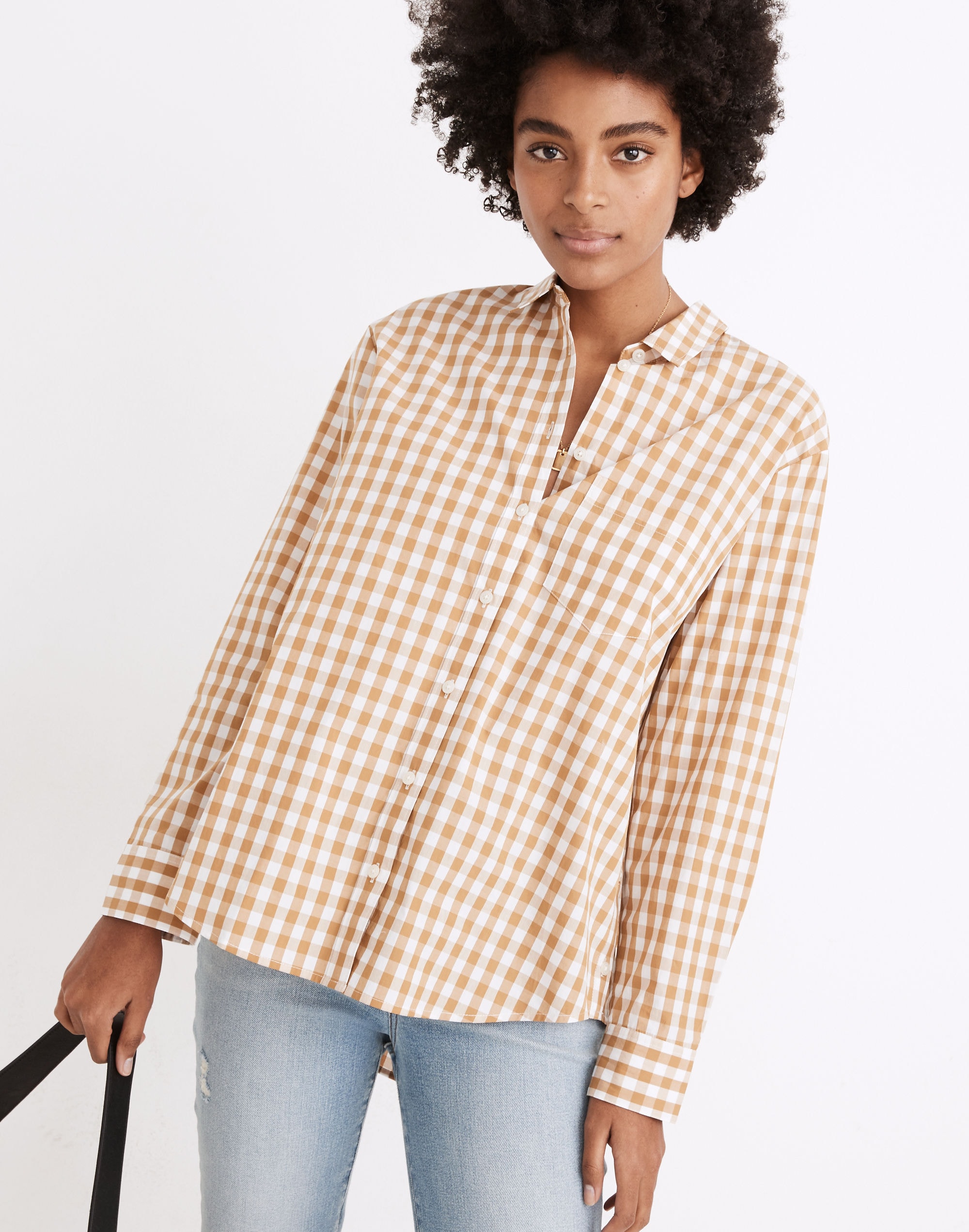 Side-Button Oversized Ex-Boyfriend Shirt in Gingham Check