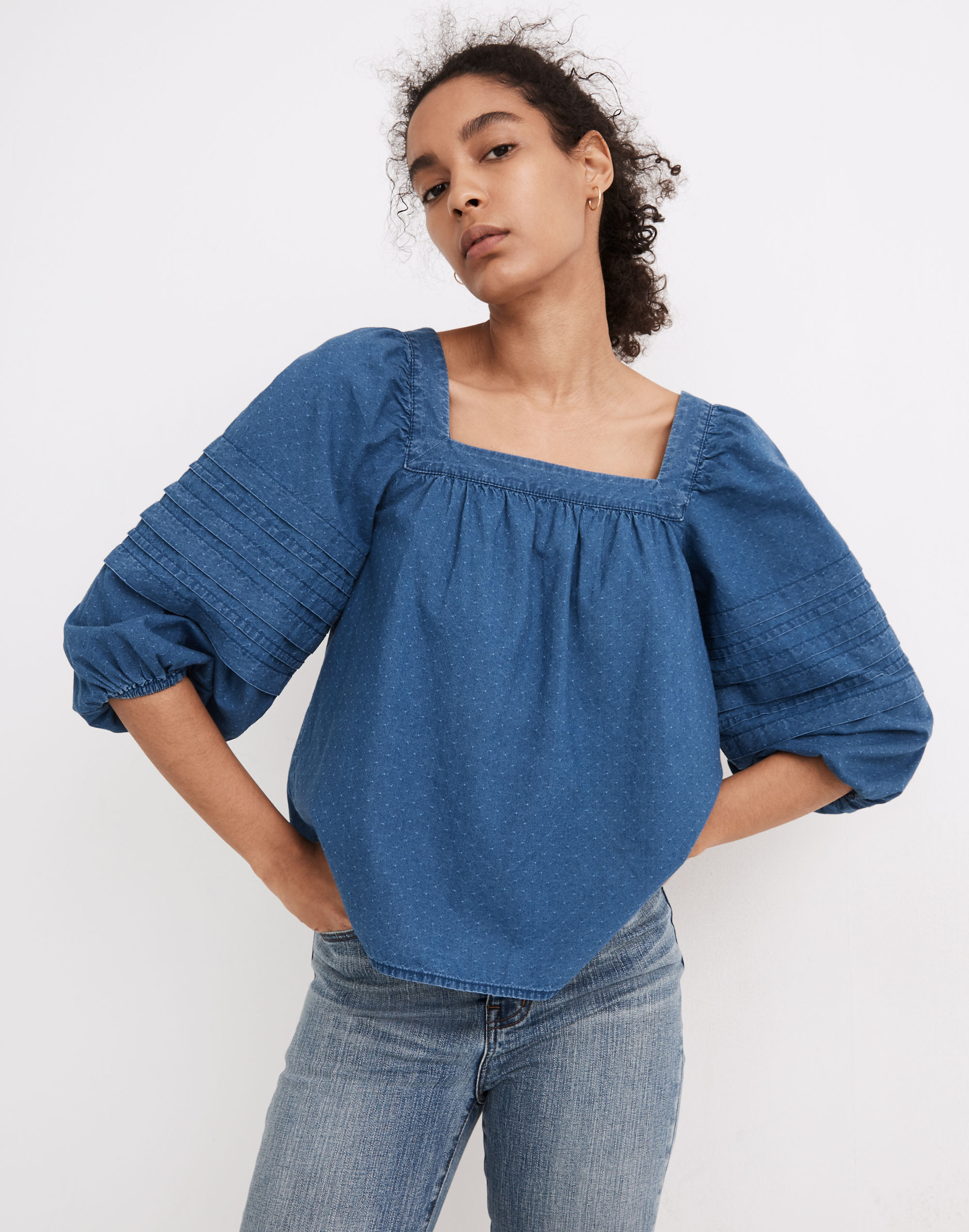 Denim Square-Neck Pleat-Sleeve Top