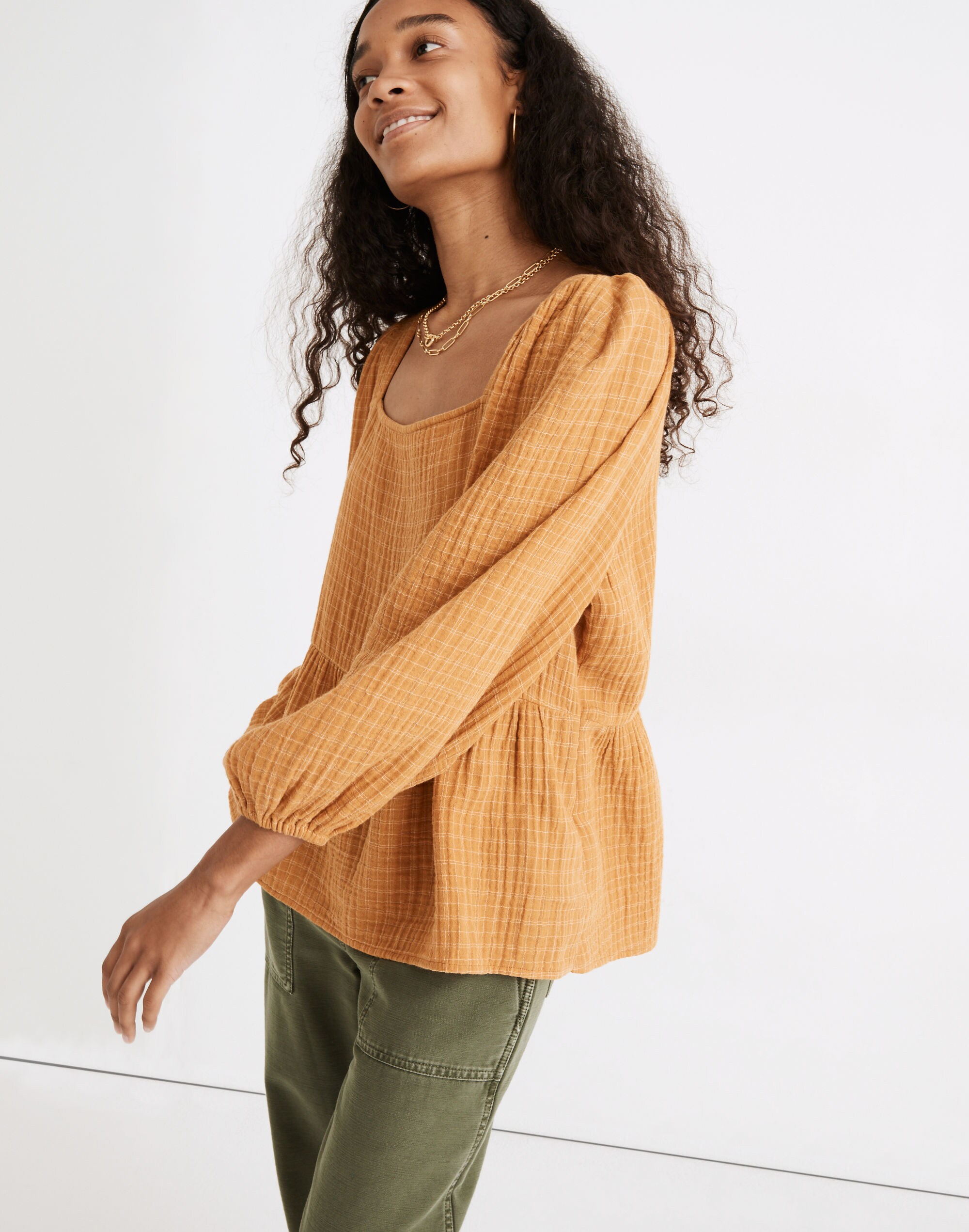Lightspun Millbrook Puff-Sleeve Peplum Top in Windowpane | Madewell