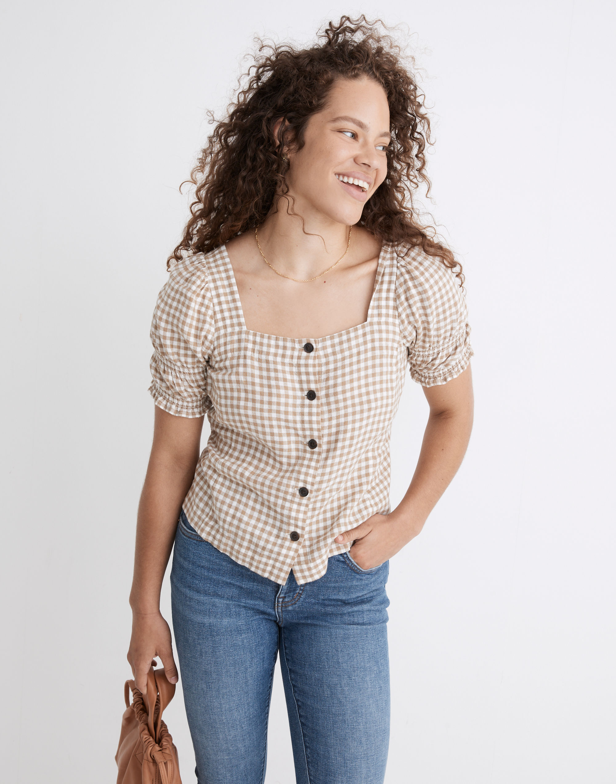 Linen-Blend Square-Neck Puff-Sleeve Top in Gingham Check