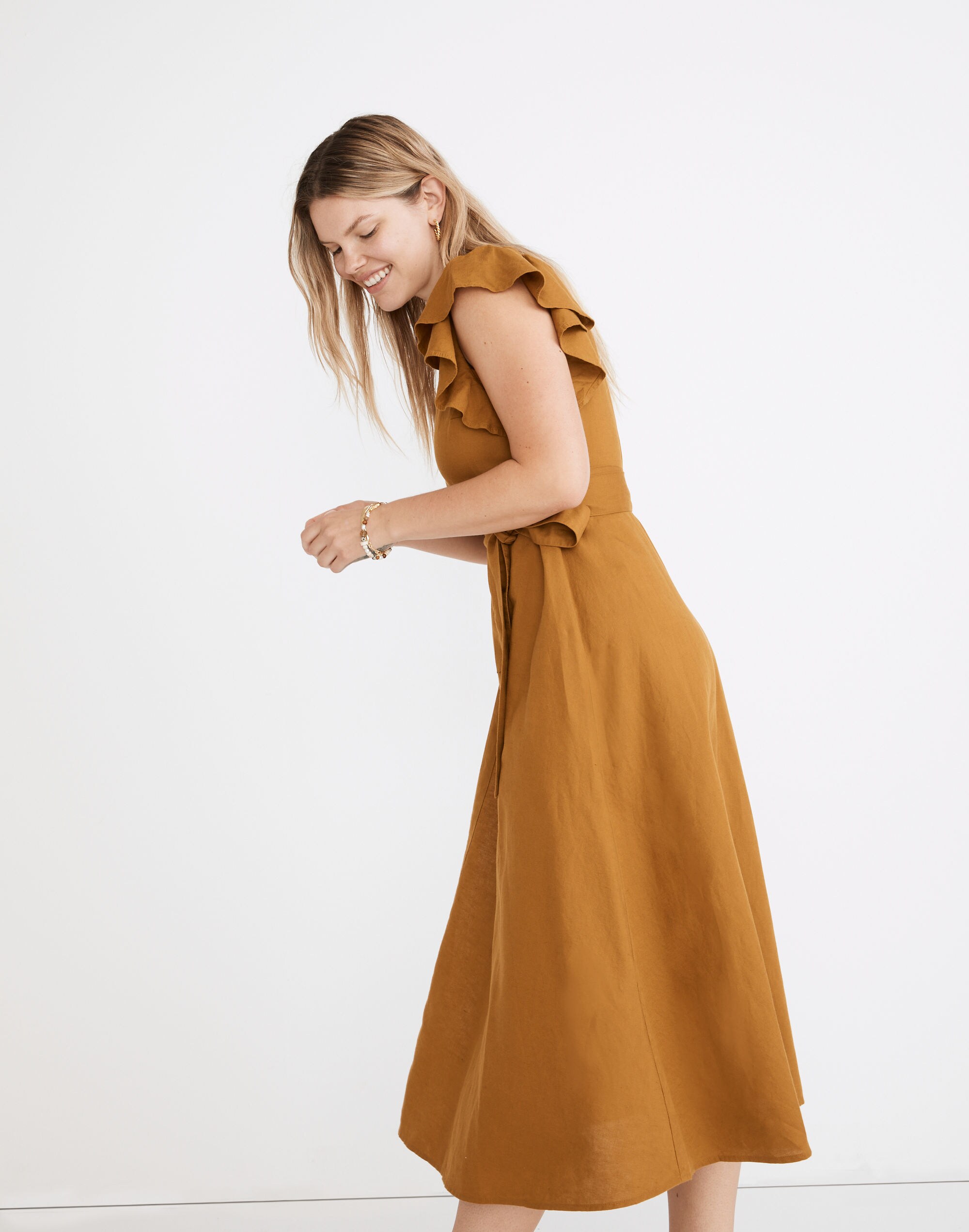 Linen-Blend Ruffle-Sleeve Wrap Midi Dress | Madewell