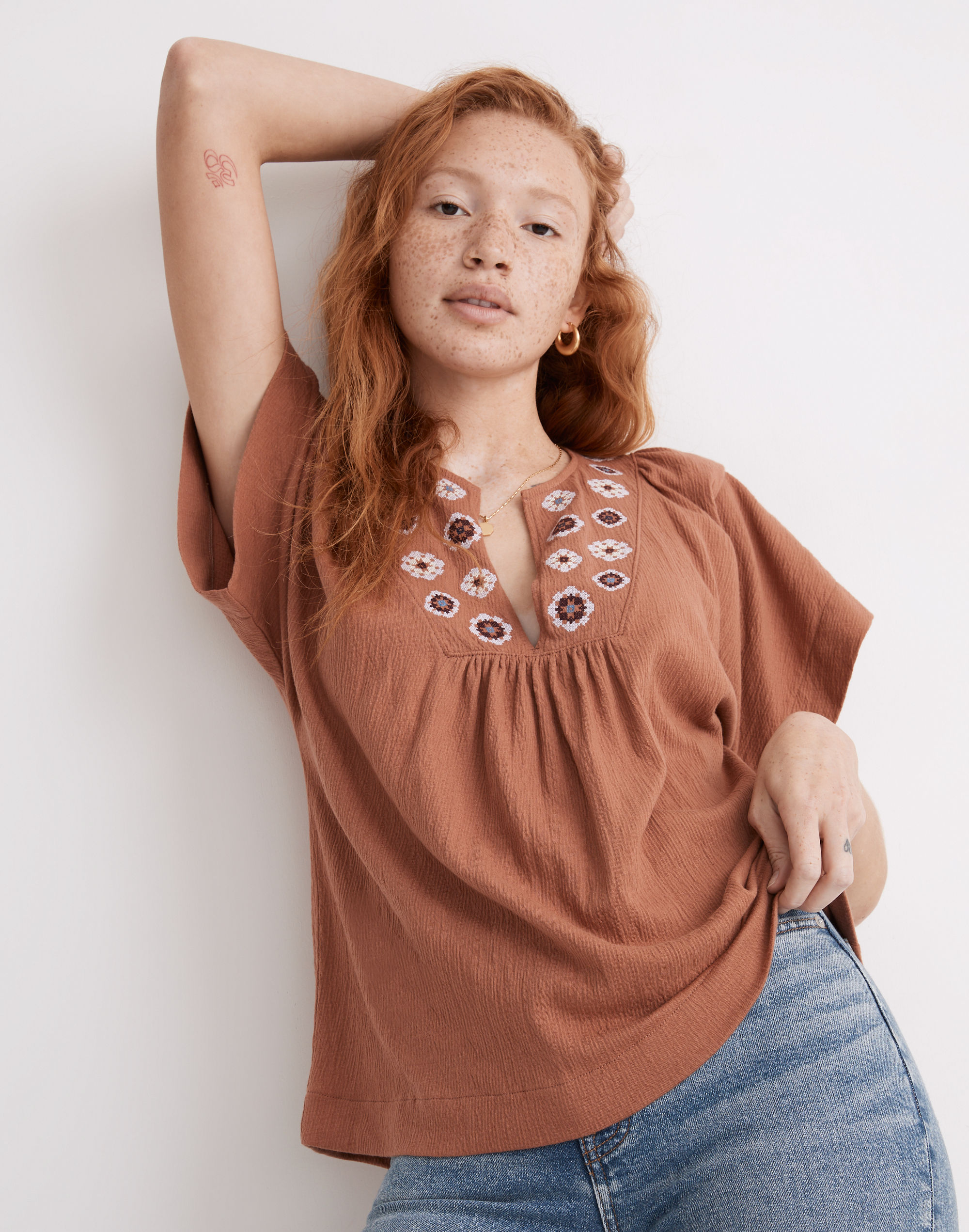 Embroidered Knit Lightspun Flutter-Sleeve Top | Madewell
