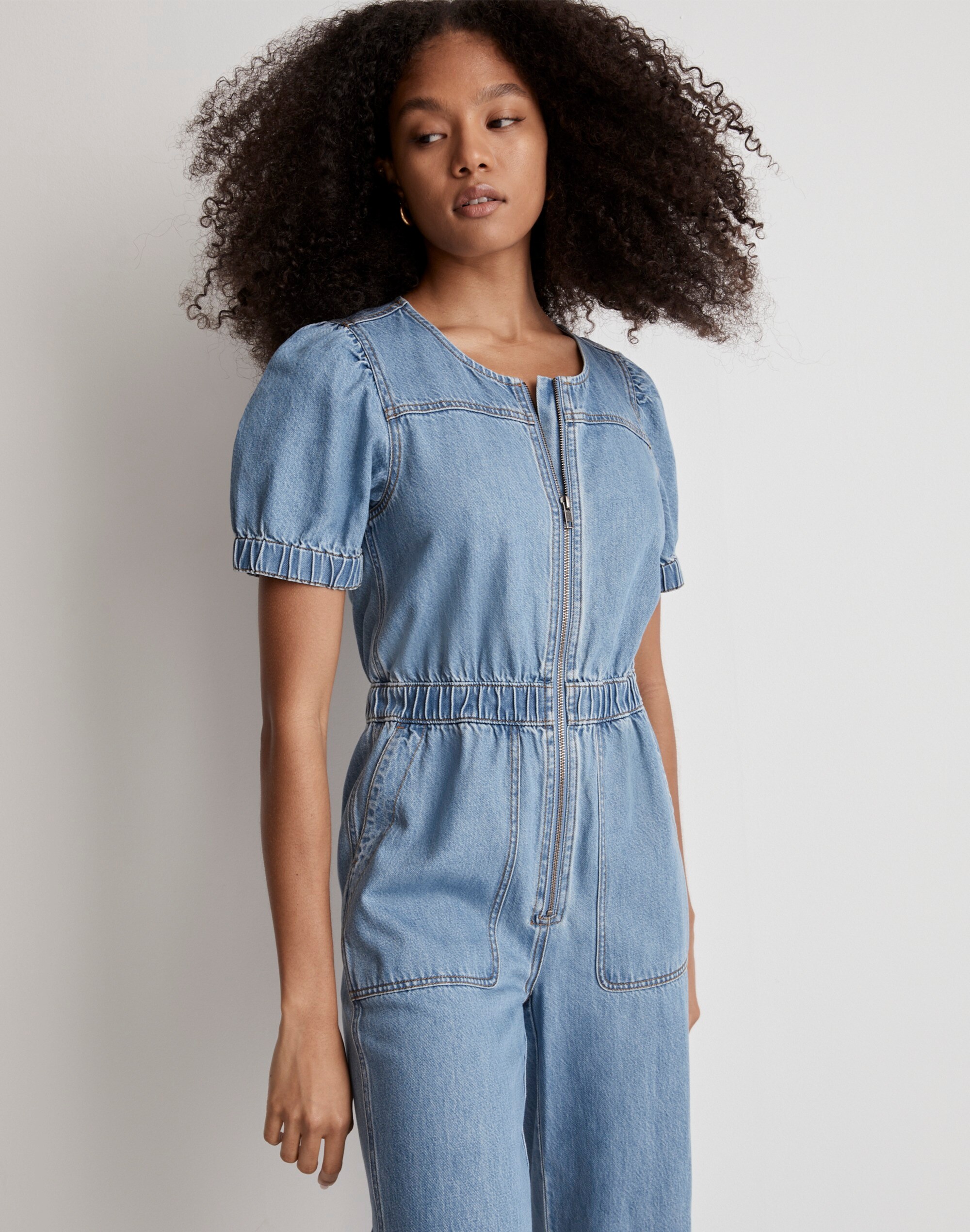 Denim Puff-Sleeve Zip-Up Coverall in Milburn Wash | Madewell