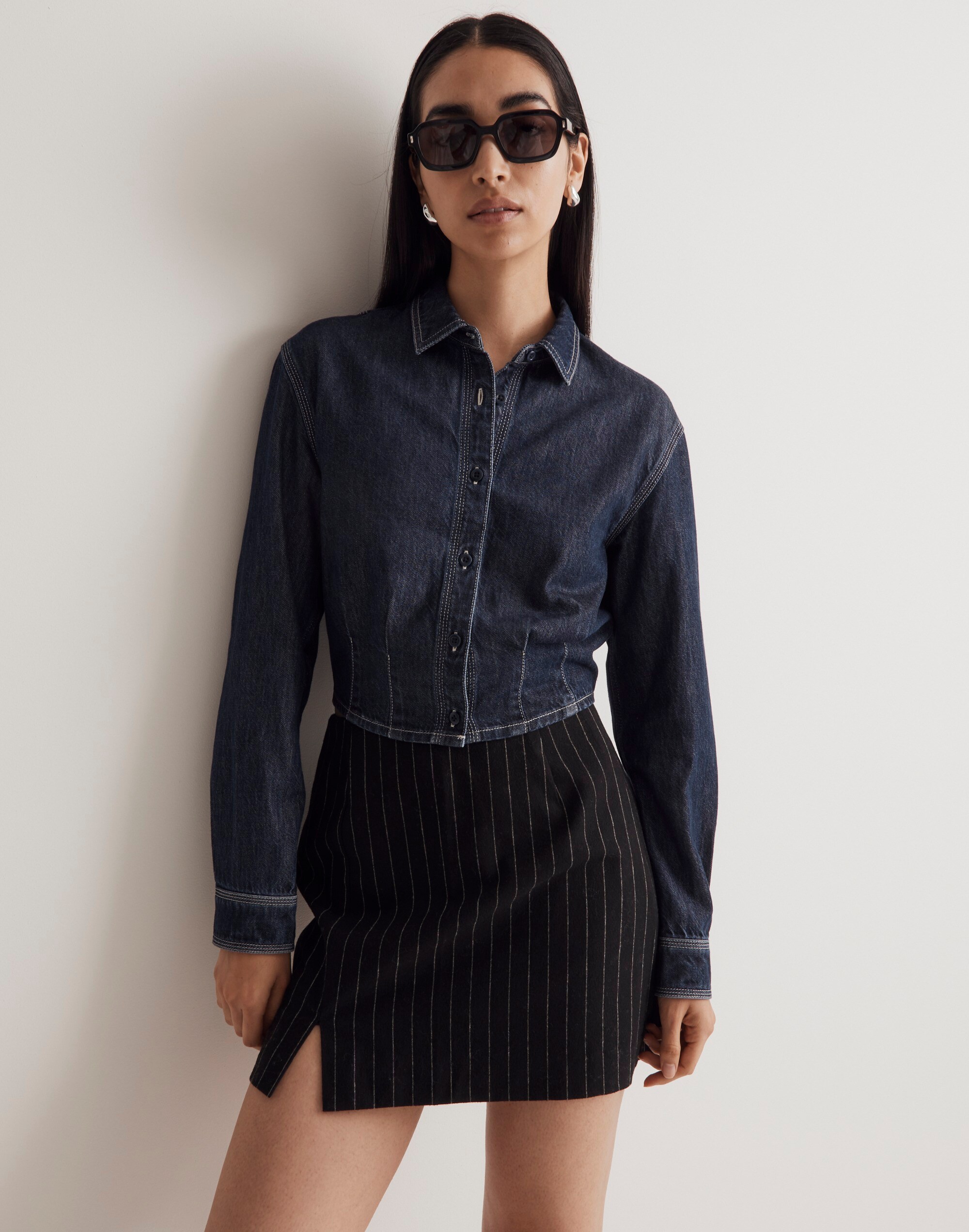 Denim Pleated Cropped Button-Up Shirt | Madewell