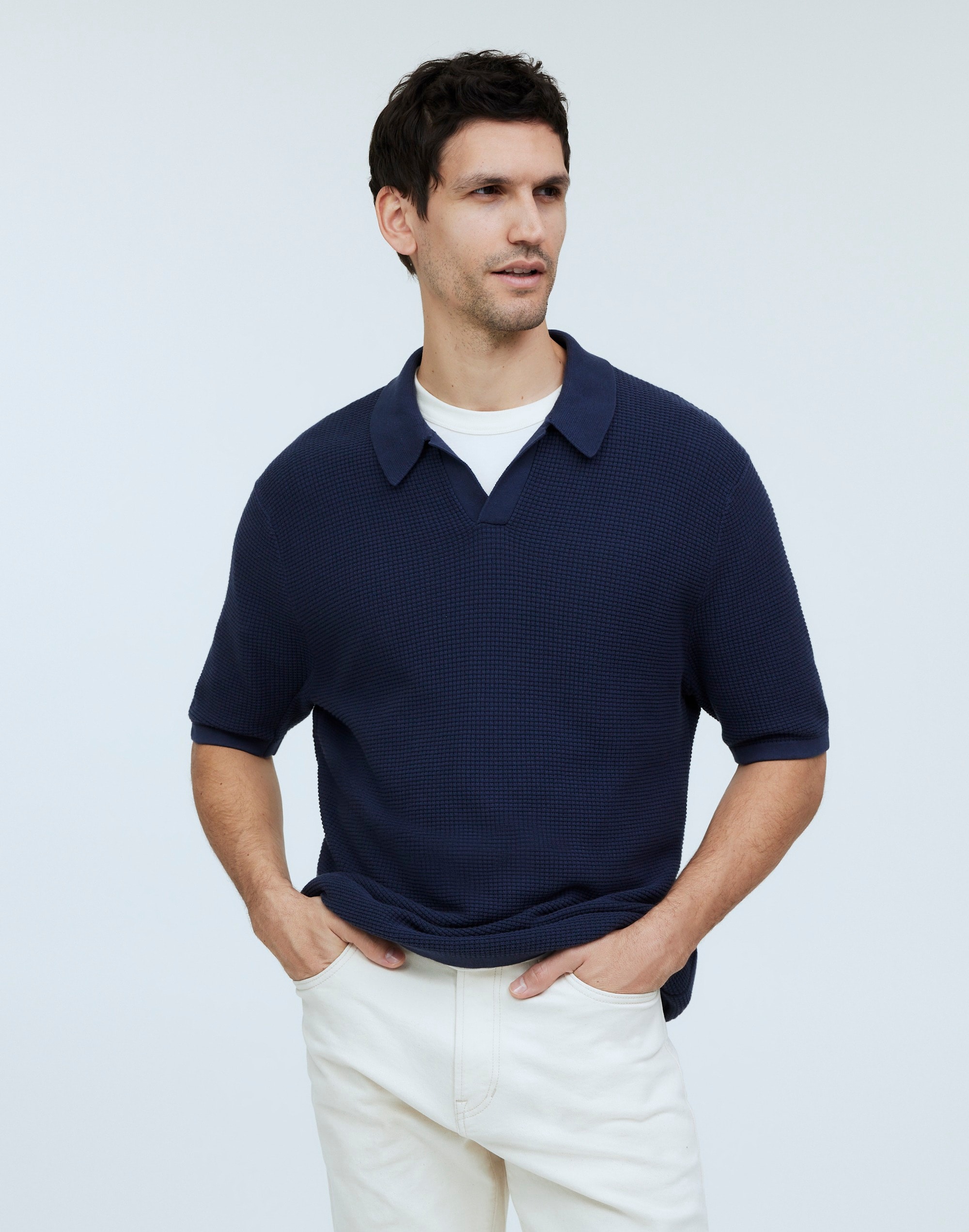 Johnny-Collar Sweater Polo Shirt in Waffle Knit
