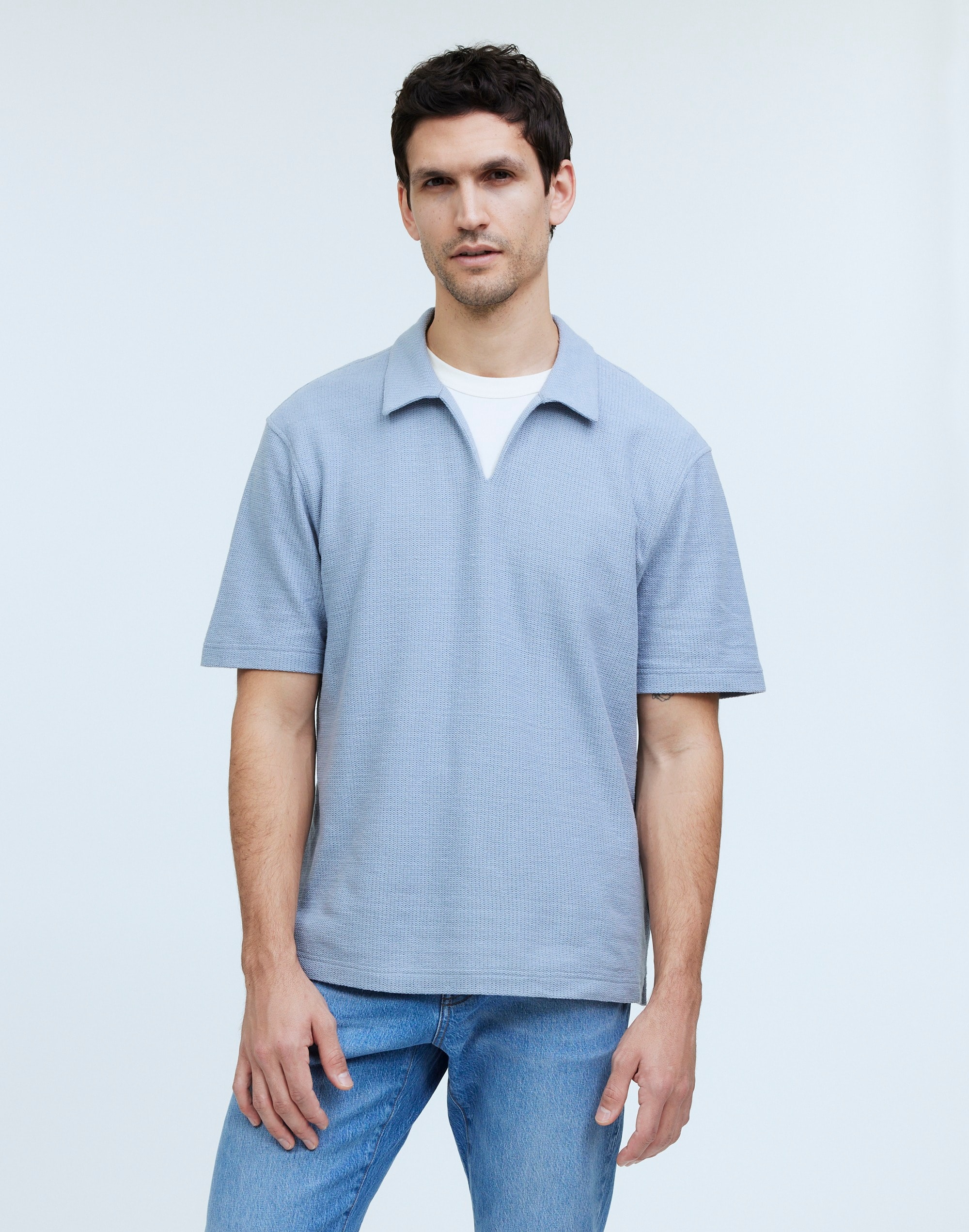 Johnny-Collar Knit Polo Shirt