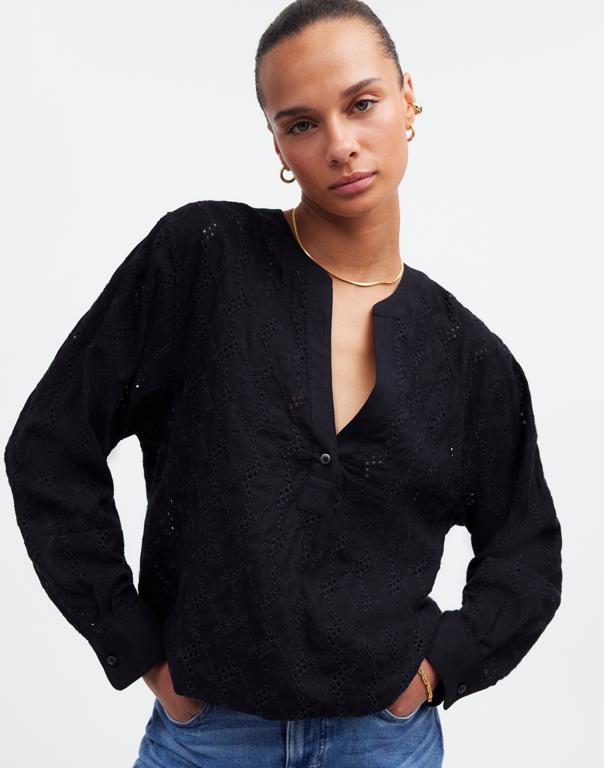 Long-Sleeve Popover Top in Eyelet | Madewell