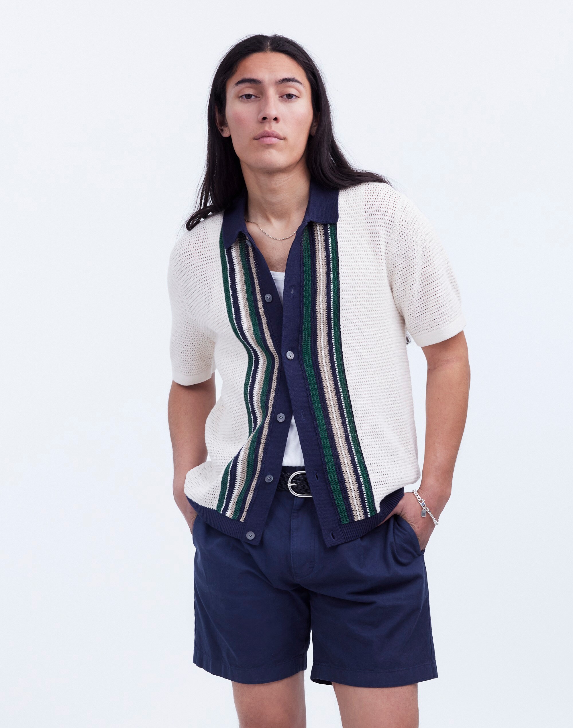 Button-Up Polo Shirt in Striped Open Stitch