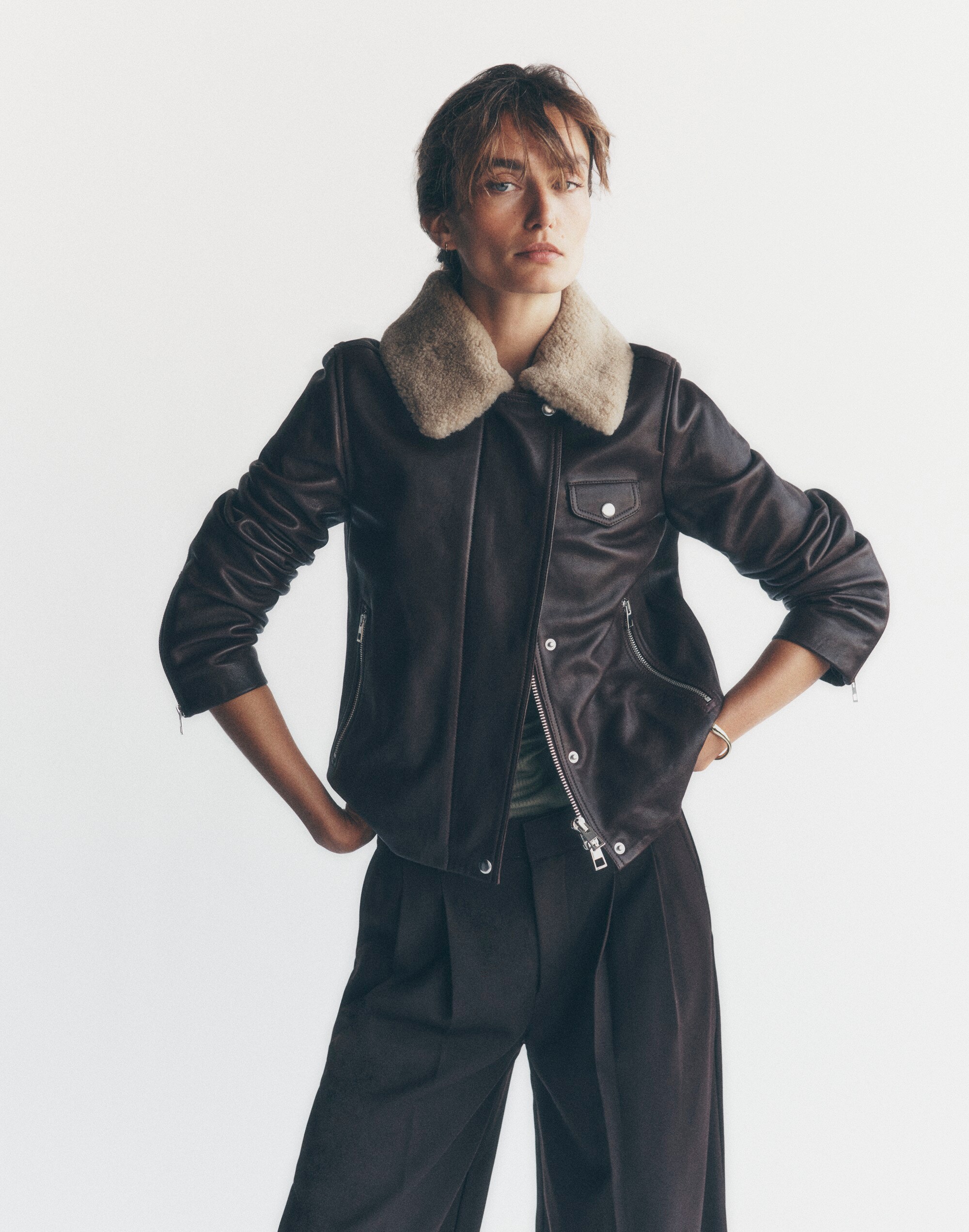 Sherpa-Collar Asymmetric Zip-Front Jacket in Leather | Madewell